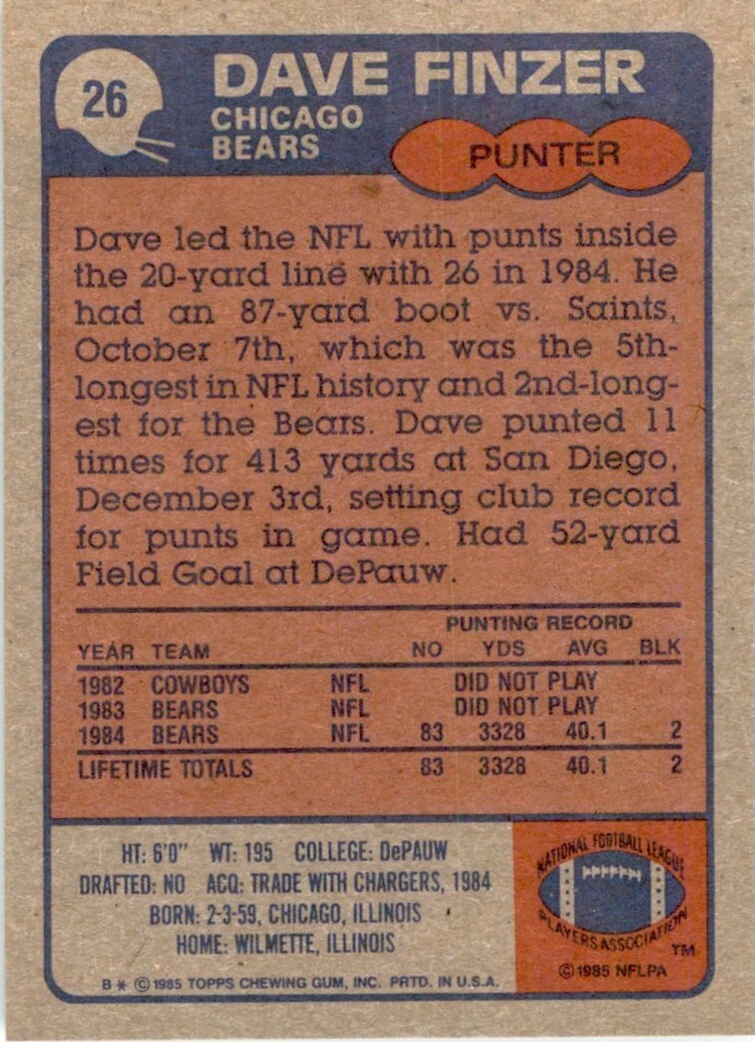 1985 TOPPS DAVE FINZER CHICAGO BEARS #26 | eBay