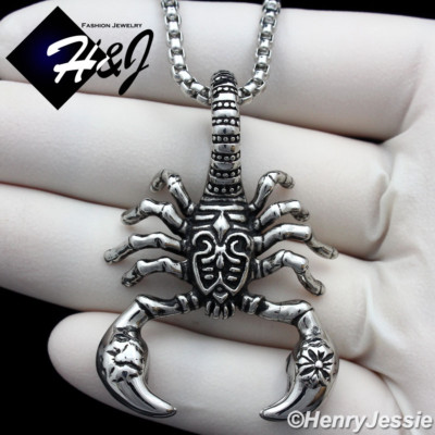 20"Stainless Steel 3mm Silver Box Link Chain Black Plated 3D Scorpion ...