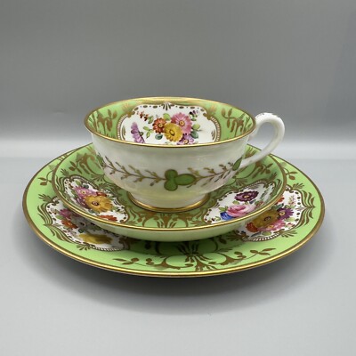 Antique Rockingham Porcelain Green Floral Cup Saucer and Tea Plate Trio ...