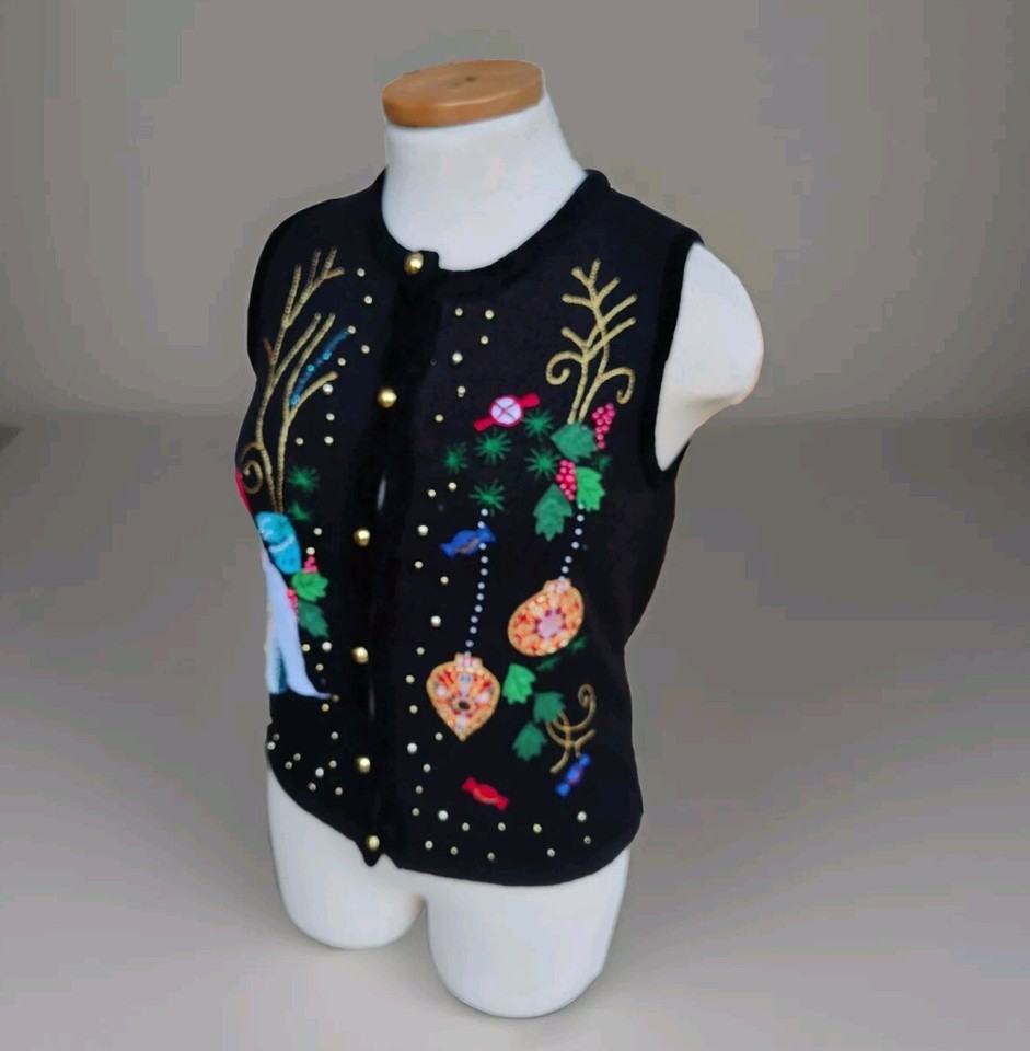 Ugly Christmas Sweater Vest Santa Claus Applique Ornaments B39 Black ...