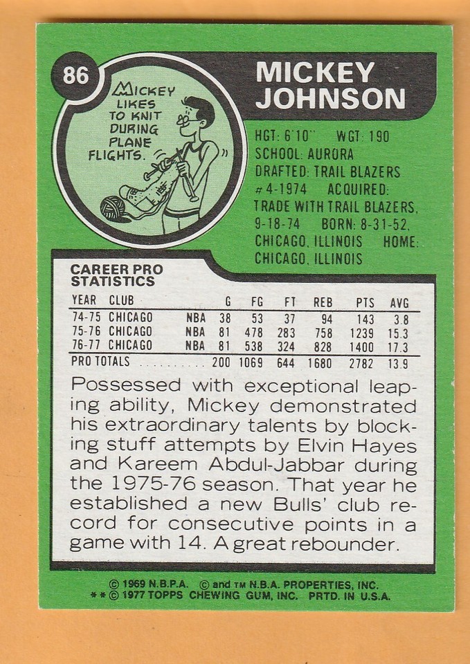 Mickey Johnson Chicago Bulls 1977-78 Topps #86 11E | eBay
