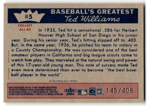 Ted Williams 2004 Fleer National Pastime 1959 Reprints /406 #5 Boston ...