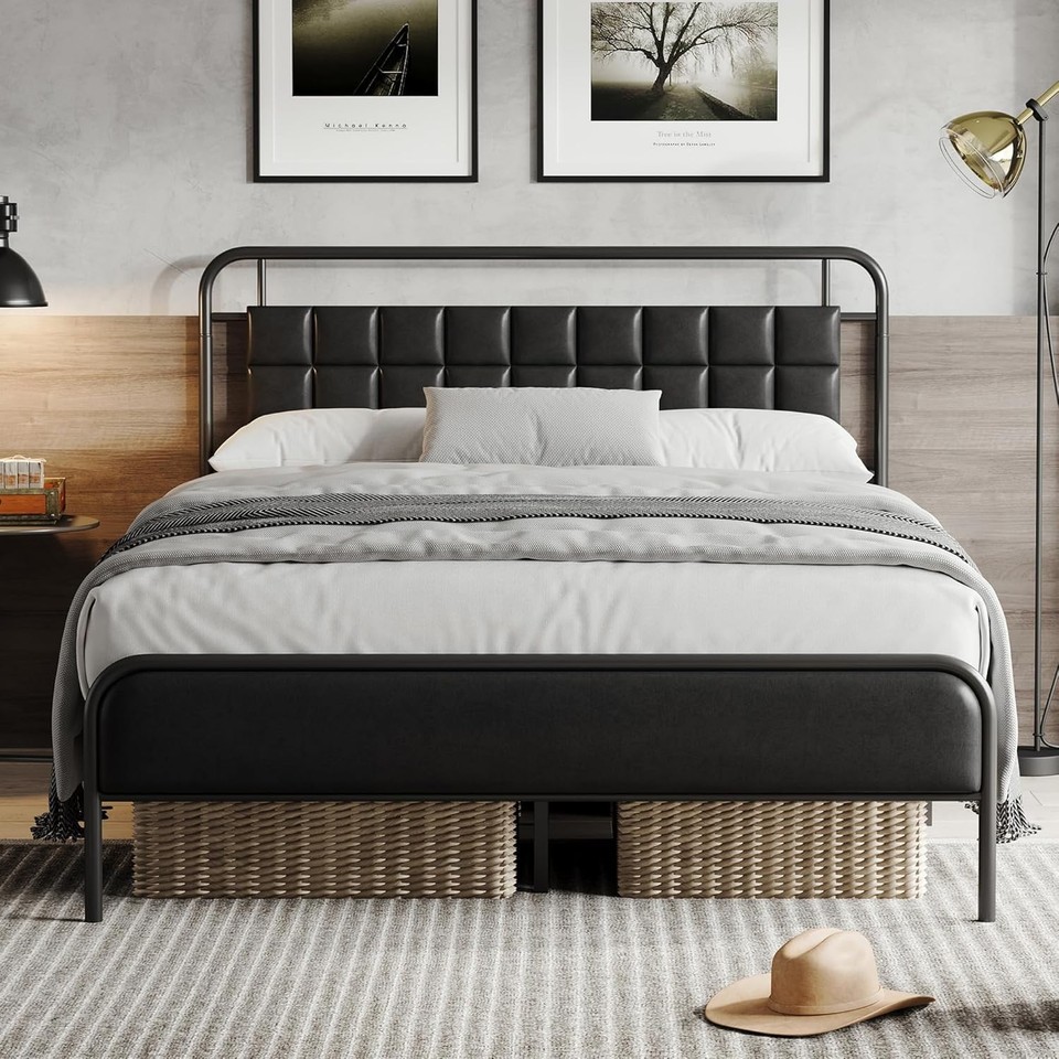Queen Size Bed Frame, Platform Bed Frame w/Upholstered Headboard 12 ...