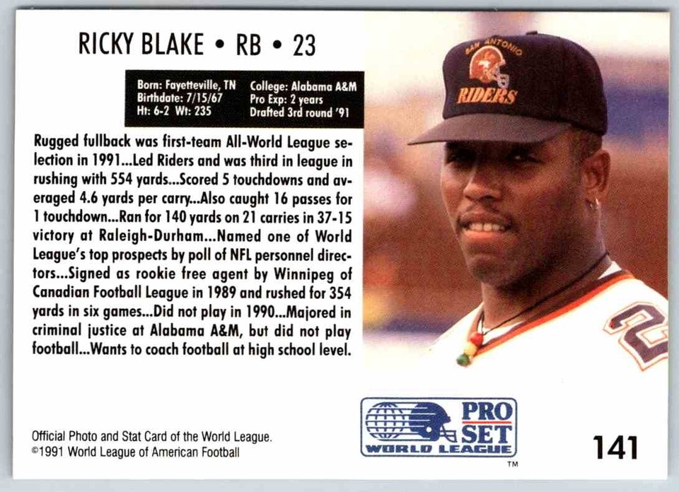 1991 Proset World League Ricky Blake #141 Football Card | eBay
