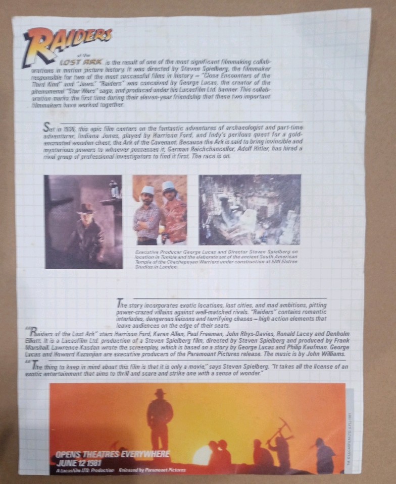 Raiders Lost Ark Vintage 1981 Indiana Jones Spielberg Lucas 8x10 8 ...