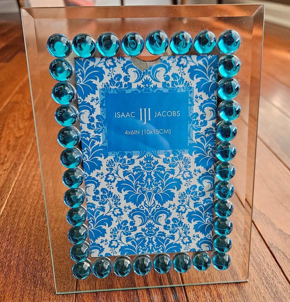Isaac Jacobs Glass 4x6 Photo Frame with Blue Jewels Beads Decorative ...
