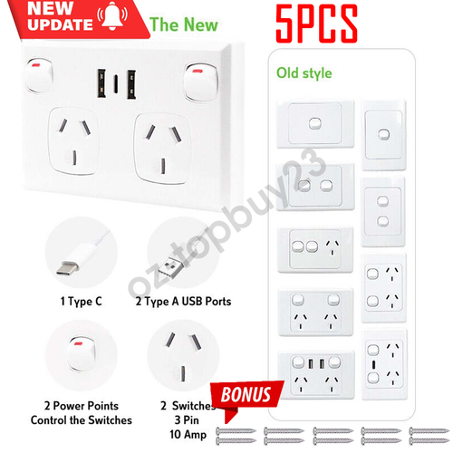 5XFast Charge 10A amp Dual USB Type-C Double Power Point GPO Wall ...