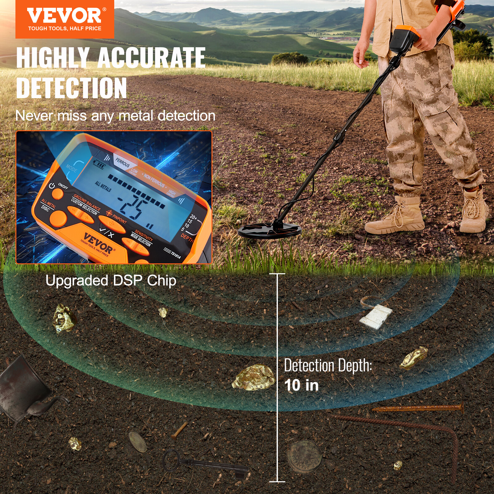 VEVOR LCD Display Metal Detector Gold Digger Hunter 10" IP68 Waterproof ...