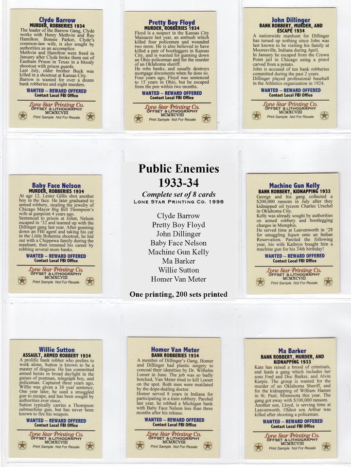Set of 8 Public Enemy cards '33-34 John Dillinger Clyde Barrow Ma ...