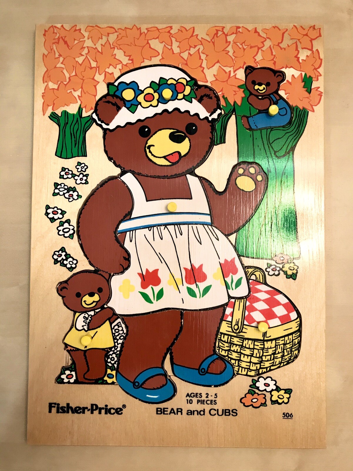 VINTAGE FISHER PRICE WOODEN PEG PUZZLE. Bear Cubs # 506 Pick Up And ...