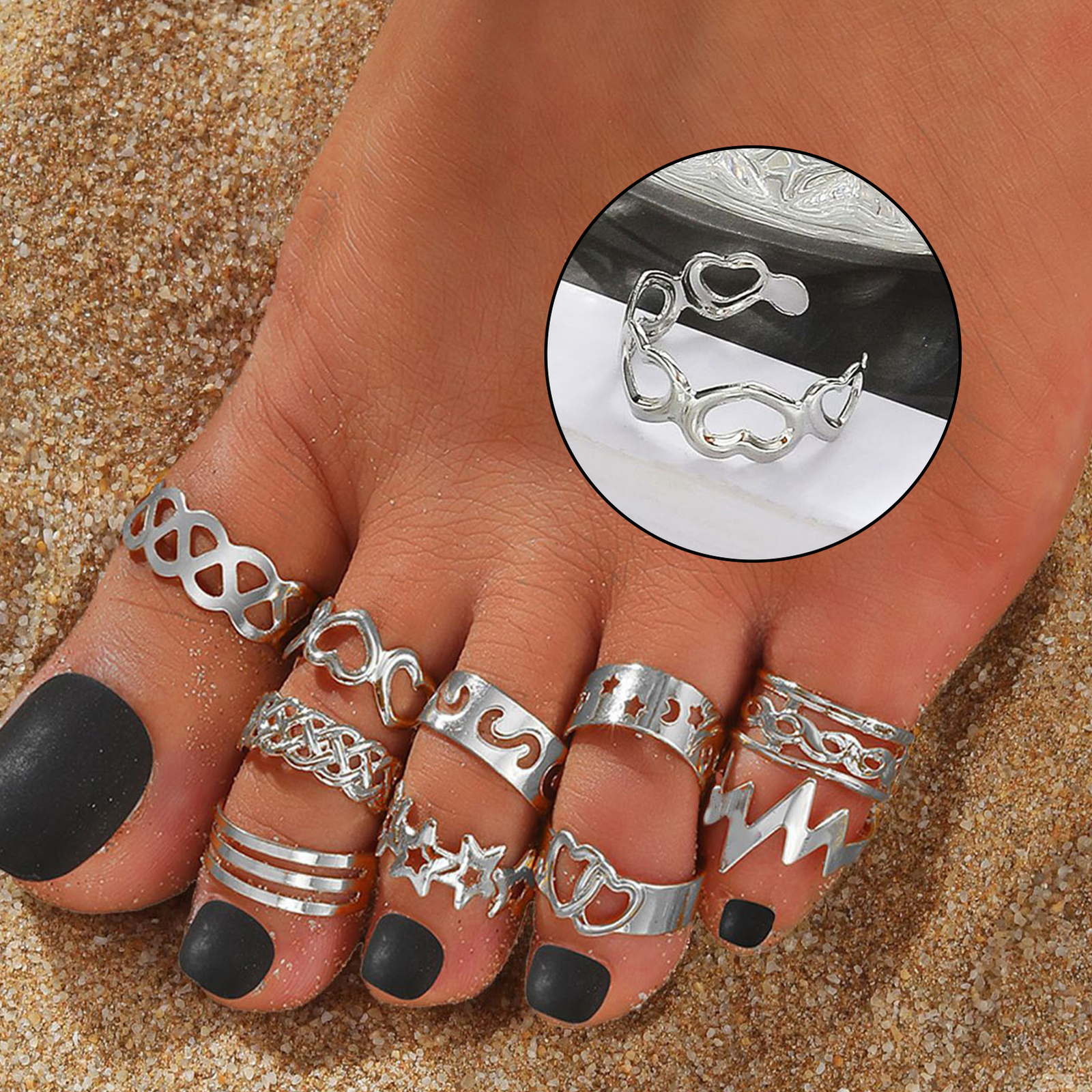 10Pcs Creative Adjustable Toe Rings Set Hollowed Heart Star Opening Toe ...