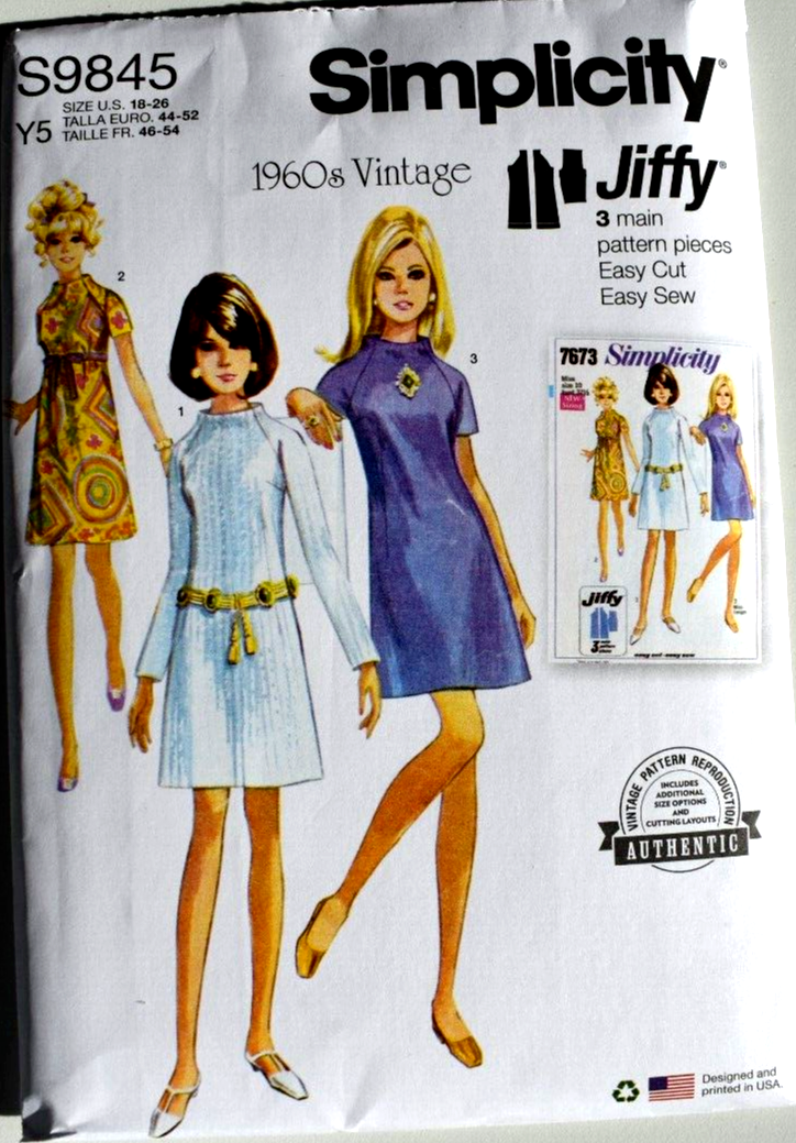 Simplicity 9845 Sz 18-26 Vtg 1960 Chemise Straight Cut Dress Drop Waist ...