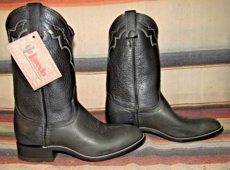Mens Vintage Laredo Black Bullhide Leather Roper Cowboy Boots 7.5 D NEW ...
