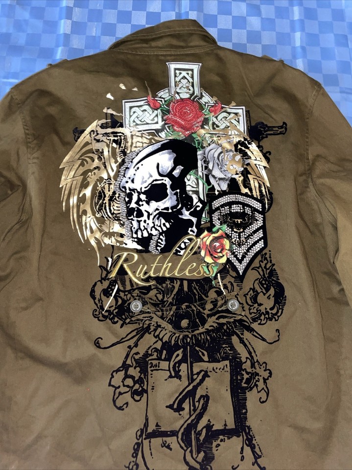 Ruthless Art Skull Military Jacket Army Green Color/Jewels Embroidered ...
