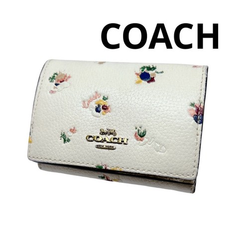 COACH Flower Leather Trifold Wallet White Compact Card Holder Used ...