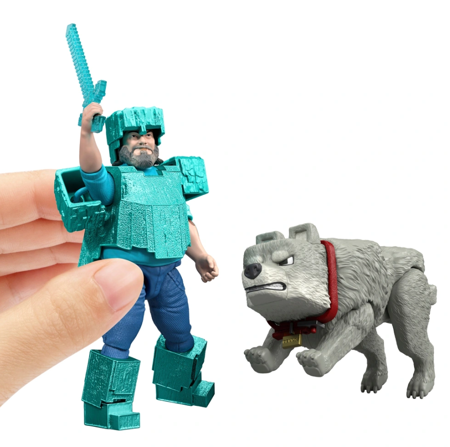 Minecraft Movie Steve in Diamond Armour figurine & Dennis the Wolf ...