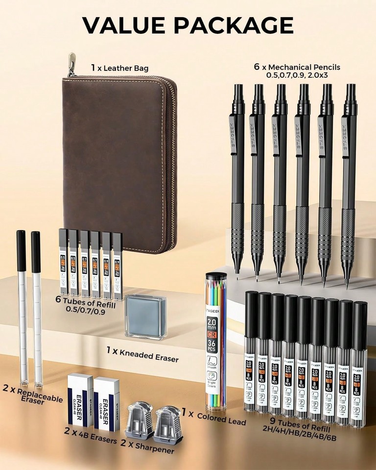 NGE-30Pcs Art Metal Mechanical Pencil Set With Leather Case, 6PCS Art ...