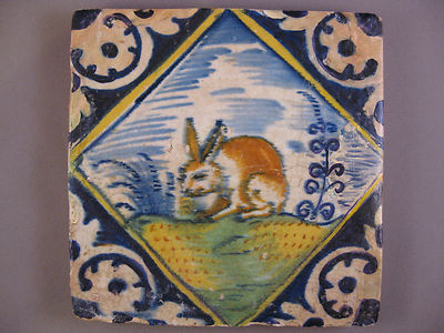 Antique polychrome Dutch tile hare rare tiles 17th-c -- free shipping ...