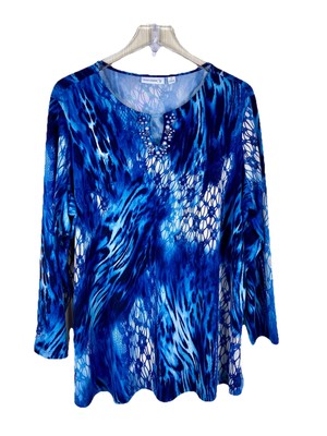 Susan Graver Size 1X Blue Swirl Liquid Knit Stretch Tunic Top Beaded ...