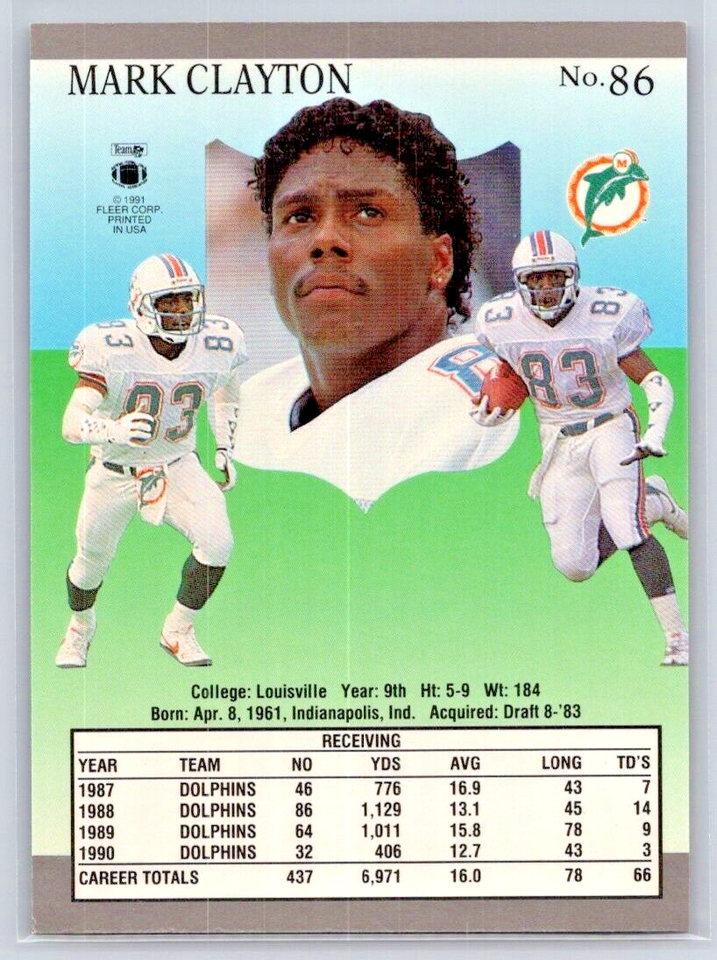 1991 Fleer Ultra Football - Mark Clayton - Miami Dolphins - Base - #86 ...