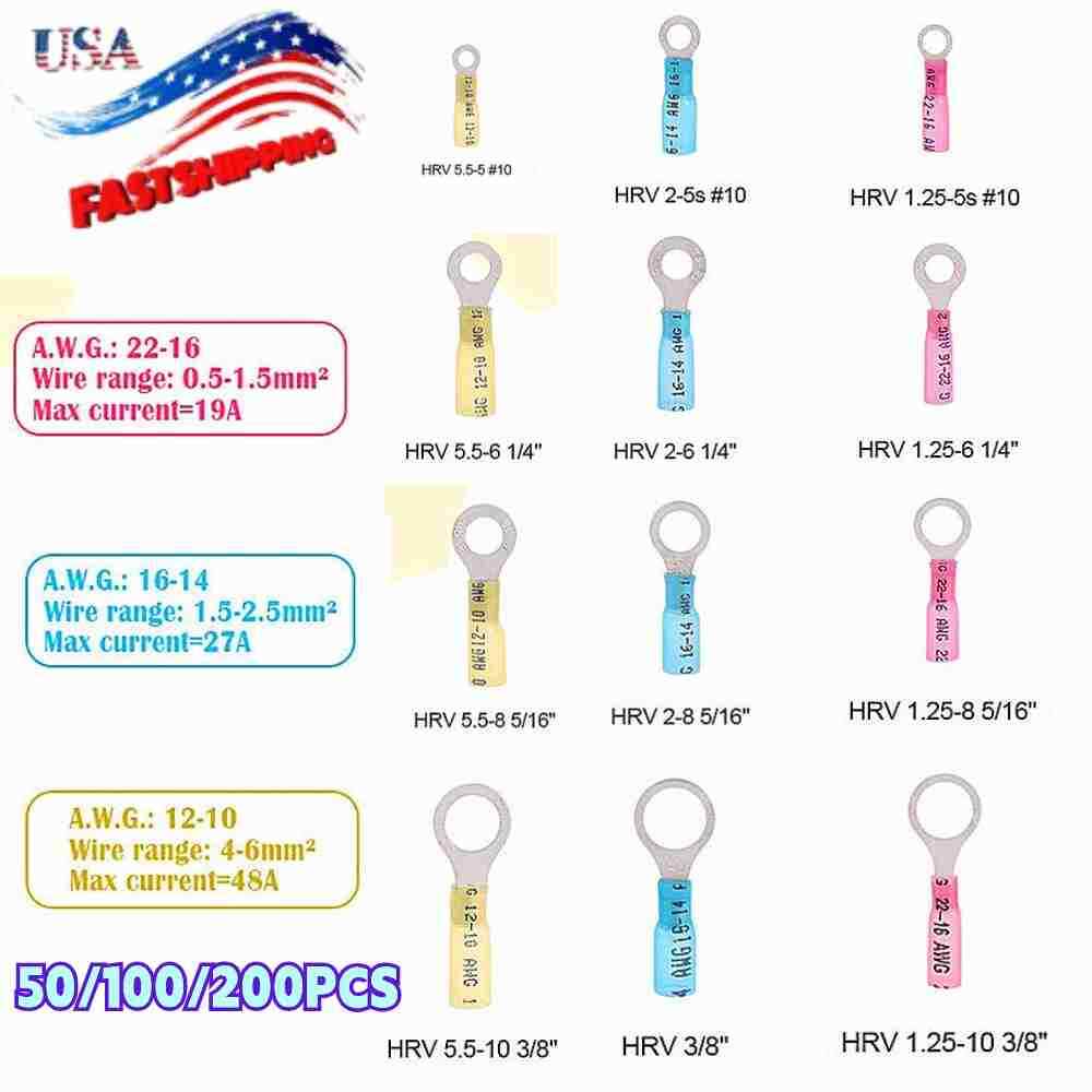 200-100PCS 22-10 AWG Waterproof Wire Crimp Connectors Ring Heat Shrink ...