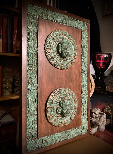 MAYAN AZTEC MEXICAN WALL PANEL PLAQUE * MALACHITE STONE & WOOD LARGE 16 ...