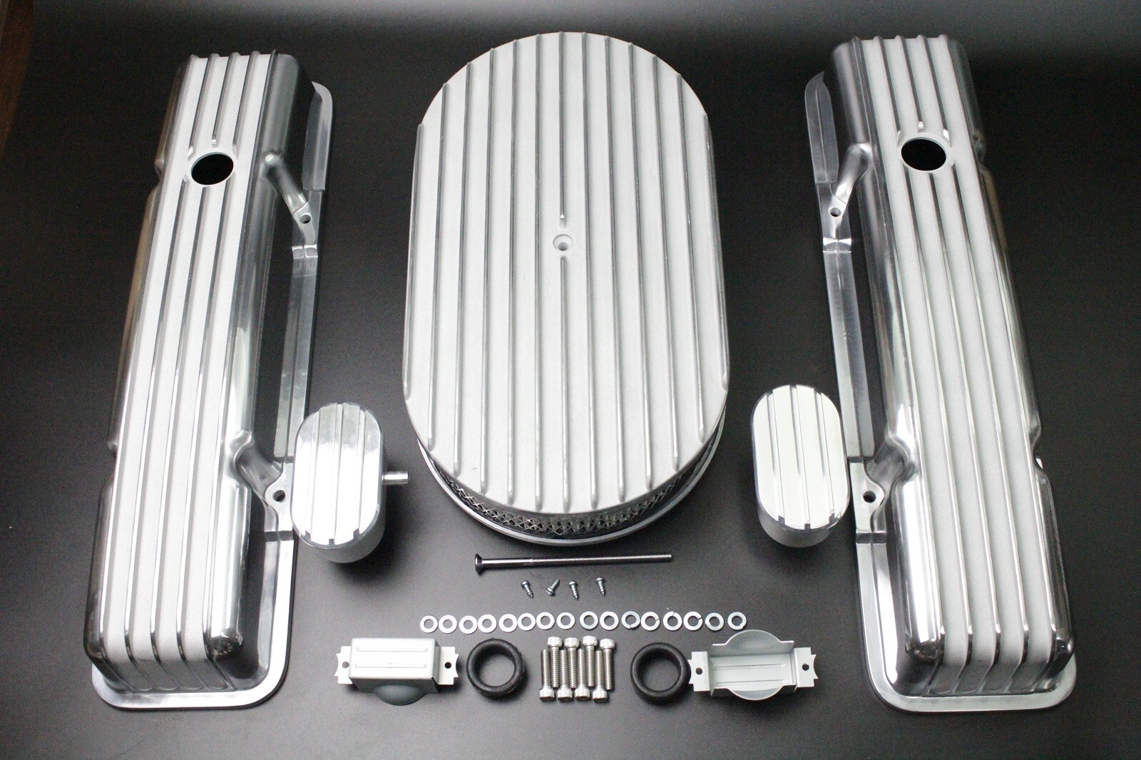 58-86 SBC Chevy Finned Tall Valve Covers+15" Air Cleaner +Breather Kit ...
