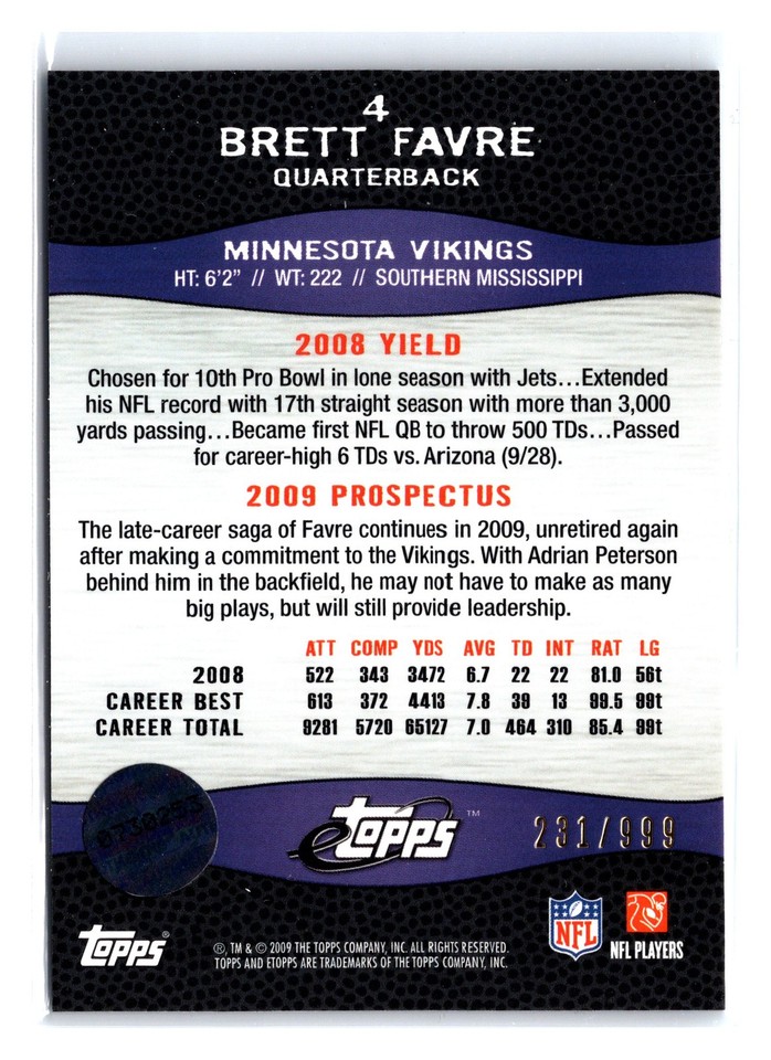 2009 eTopps #4 Brett Favre #/999 Minnesota Vikings | eBay