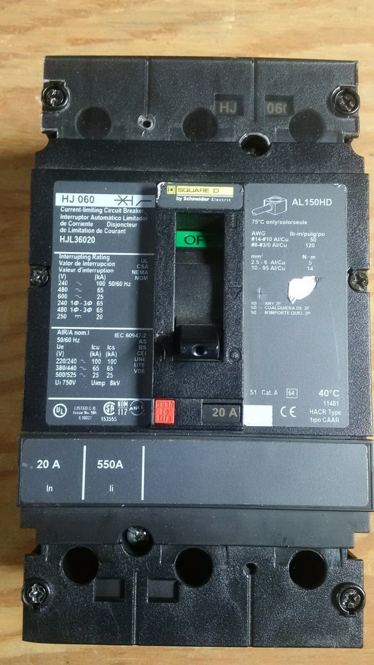 Square D. PowerPact. HJL36020. HJ 060. Circuit Breaker 20A. 3 Pole 600v ...