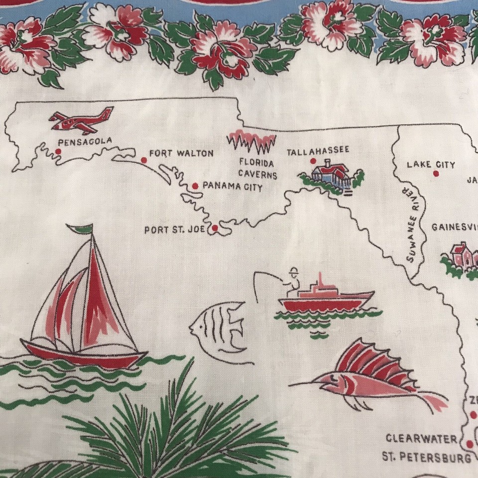 Vintage 1940s 1950s Linen Souvenir Florida State Handkerchief Retro ...