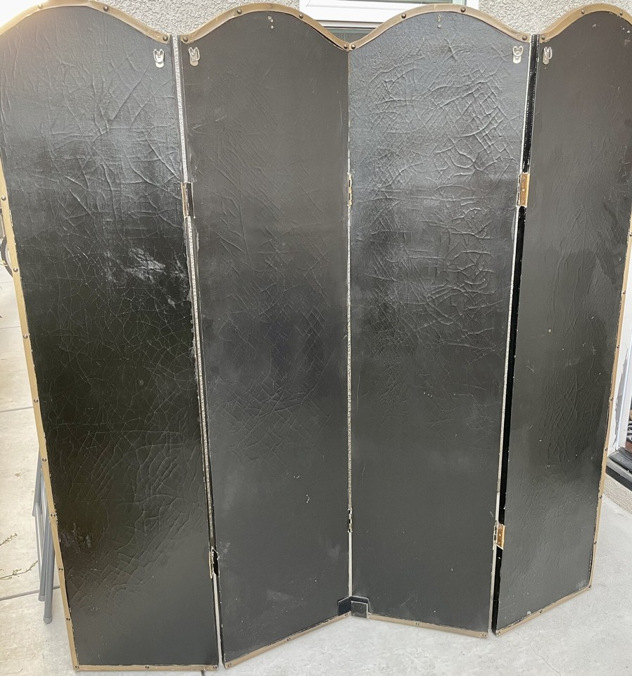 VINTAGE PAINTED WOOD AND LEATHER FOUR PANELS ROOM DIVIDER ANGELS ...