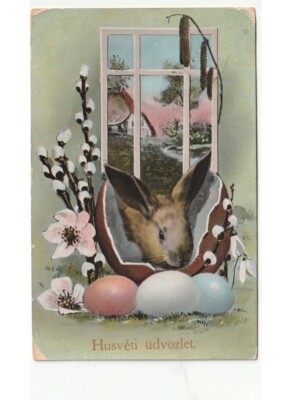 1913 Antique Easter Postcard Rabbit Chocolate Easter Egg Landscape | eBay