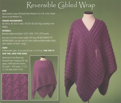 Vermont Fiber Designs Knitting Pattern 142 Reversible Cabled Wrap - 4 ...