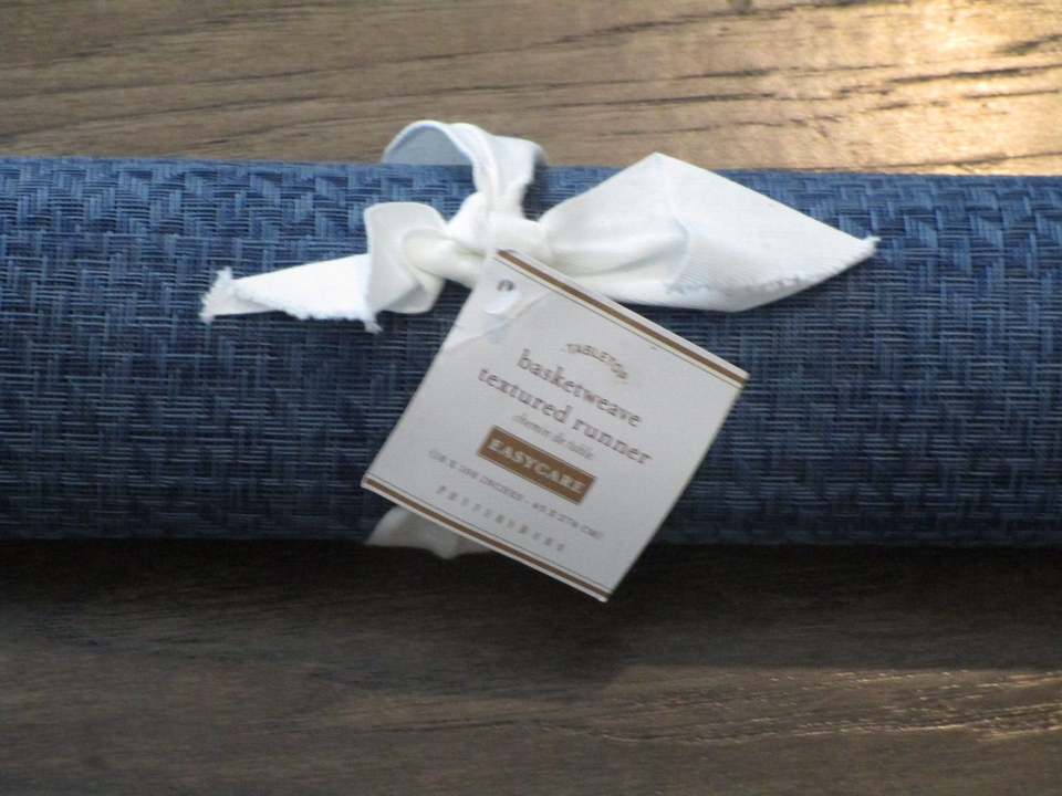 POTTERY BARN BLUE BASKETWEAVE TEXTURED 18" X 108" TABLE RUNNER NEW | eBay