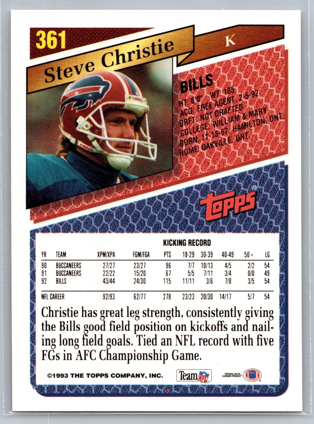 1993 Topps - #361 Steve Christie for sale online | eBay