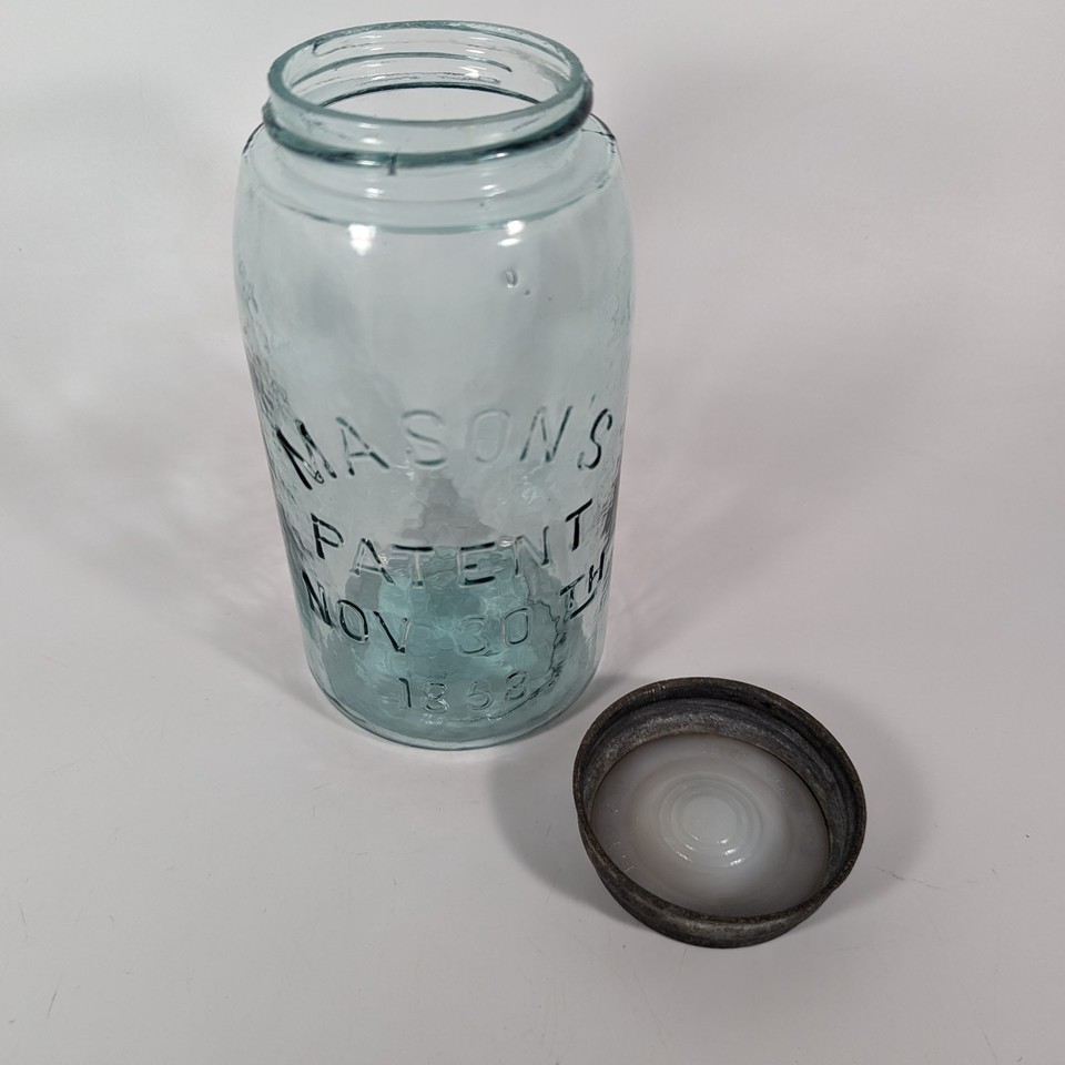 Antique Mason’s Patent Nov 30th 1858 Jar Pale Aqua Embossed Zinc Lid ...