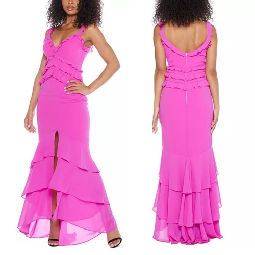 B. Darlin Juniors Ruffle V Neck Front Slit Gown Maxi HOCO Dress Fuchsia ...