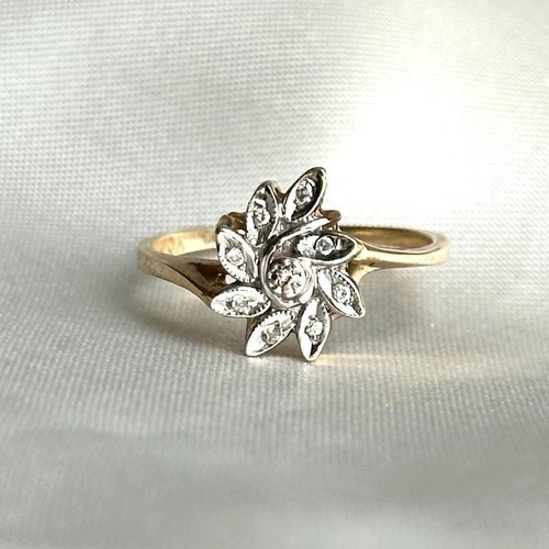 10ct Yellow Gold, Diamond Set Floral Leaf Pattern Ring Vintage c1970 | eBay