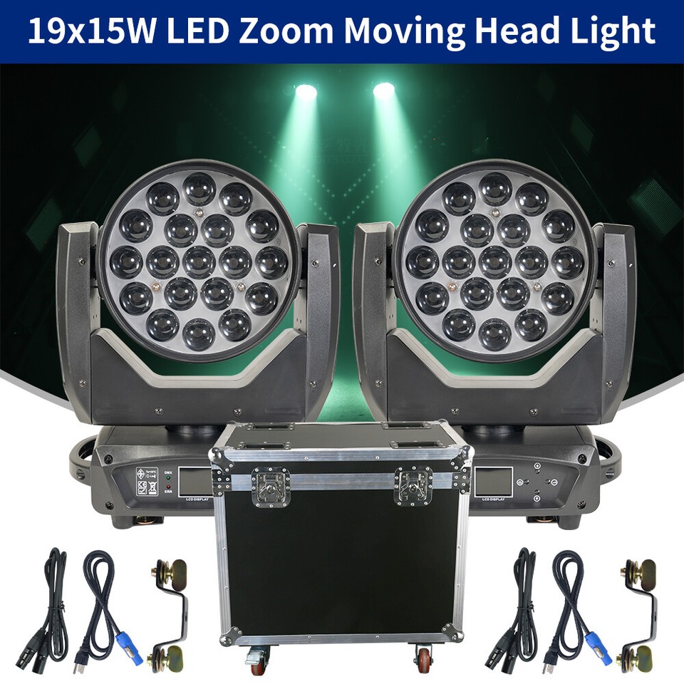 2PCS 19X15W Zoom Wash Beam Light with Flight Case RGBW Moving Head ...