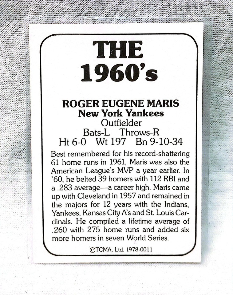 1978 TCMA The 1960's I - Roger Maris #1978-0011 Black Back No MLB Logo ...