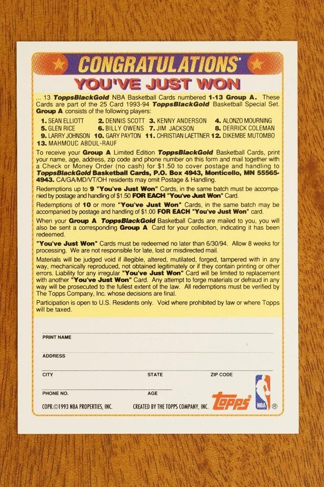 1993 TOPPS Black Gold Winner Group A Redemption Card NBA Basketball | eBay