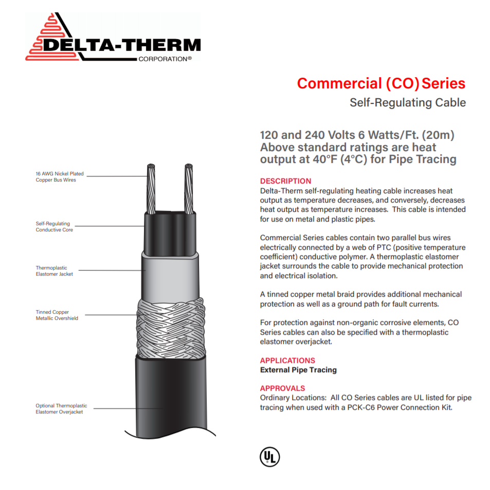 Delta Therm CO240-6-CB Self Regulating 240v 6w/ft Pipe Trace Heat Cable ...