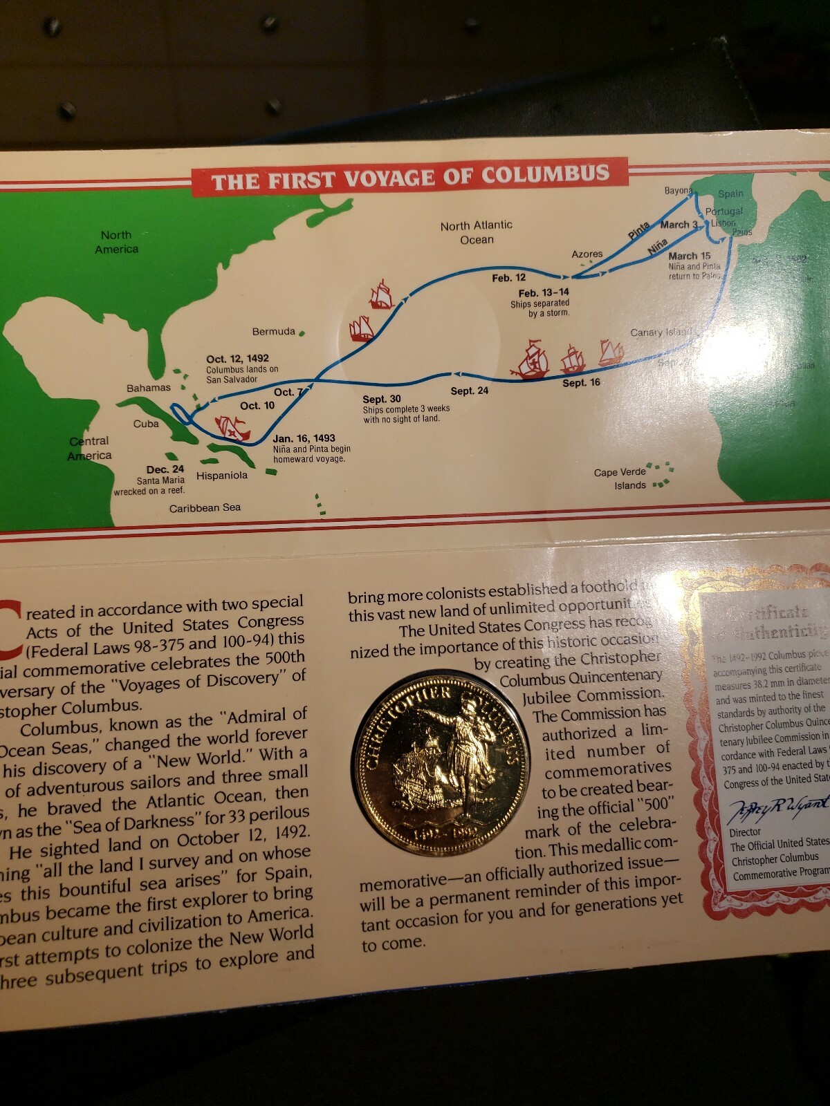 CHRISTOPHER COLUMBUS 500 YEAR COMMEMORATIVE MAP & MADALLION SET WITH ...