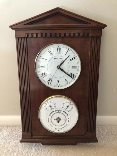 Ethan Allen Wood Wall Clock w Weather Station - Barometer Thermometer ...