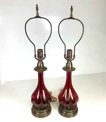 Stunning Pair of Two 2 Vtg MCM Etched Glass Brass Red Cranberry Table ...