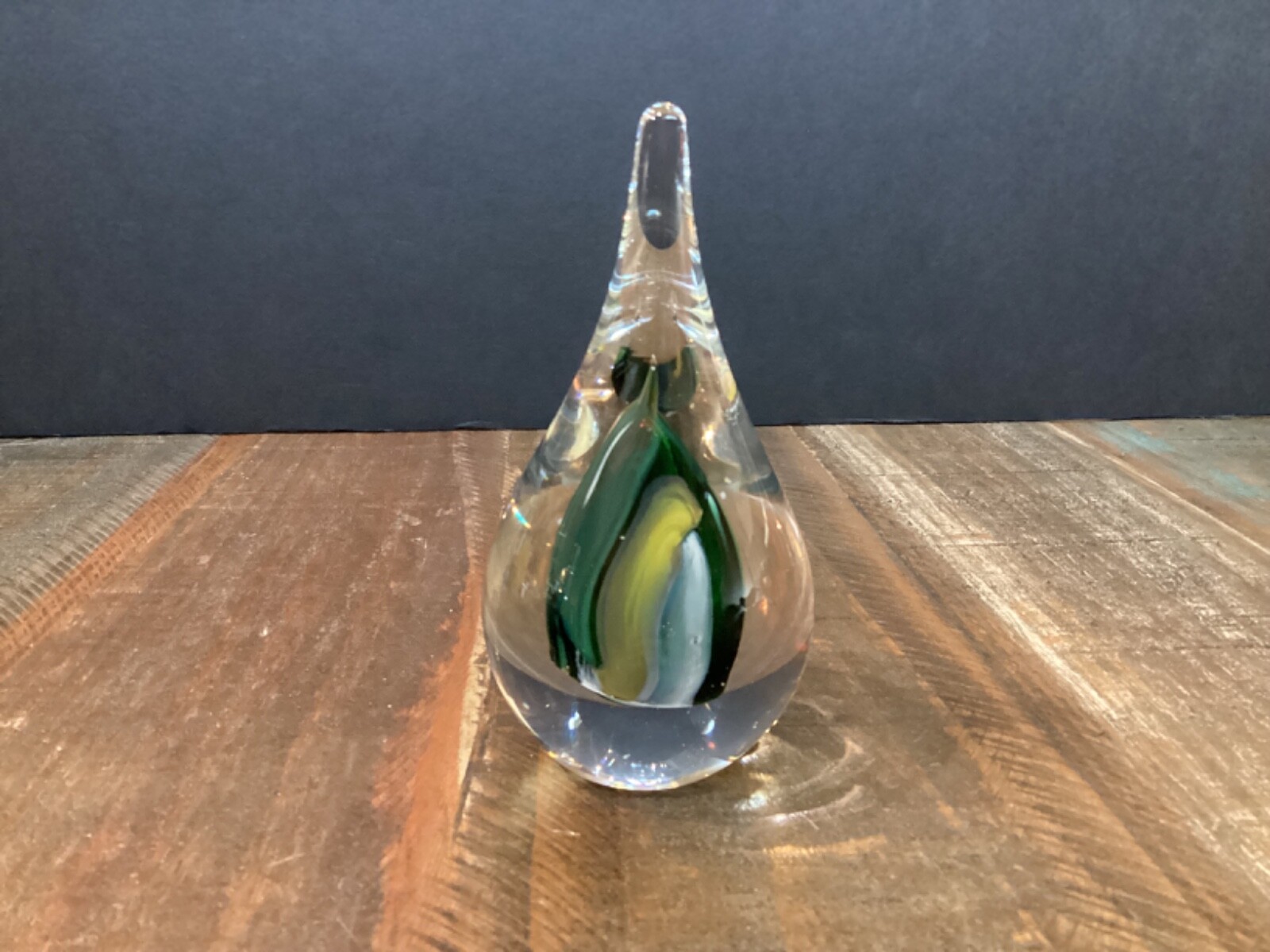 Studio Art Glass Tear Drop Hand Blown Paperweight Green yellow Signed ...