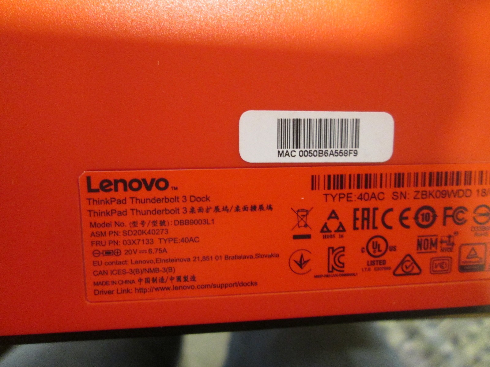 Lenovo ThinkPad Thunderbolt 3 Workstation Dock 40AC w/ 135W AC Adapter ...