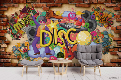 3D Graffiti Music Disco Self-adhesive Removeable Wallpaper Wall Mural 2 ...