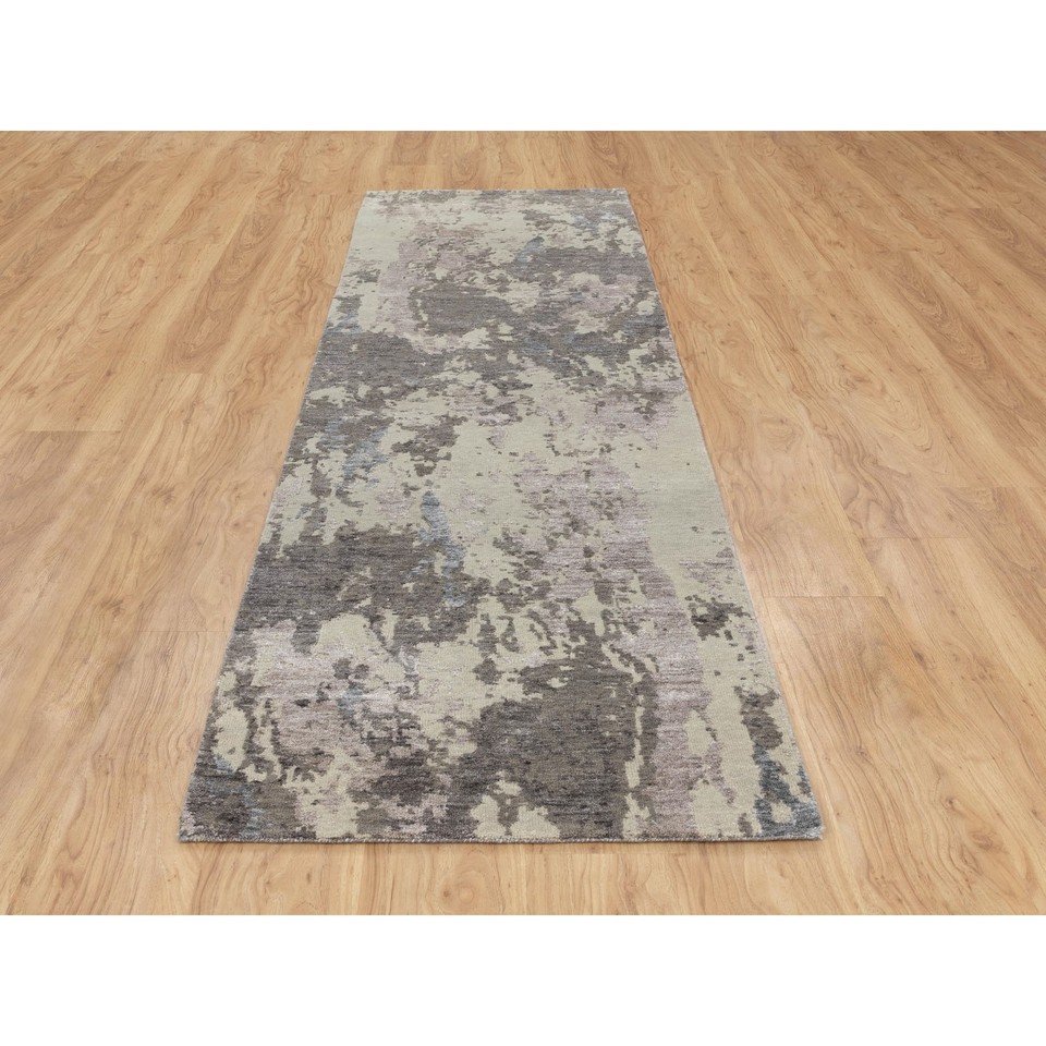 2'8"x10' Gray Abstract Design Wool And Silk Runner Hand Knotted Rug ...