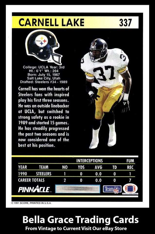1991 Pinnacle Carnell Lake #337 Pittsburgh Steelers NFL Football | eBay